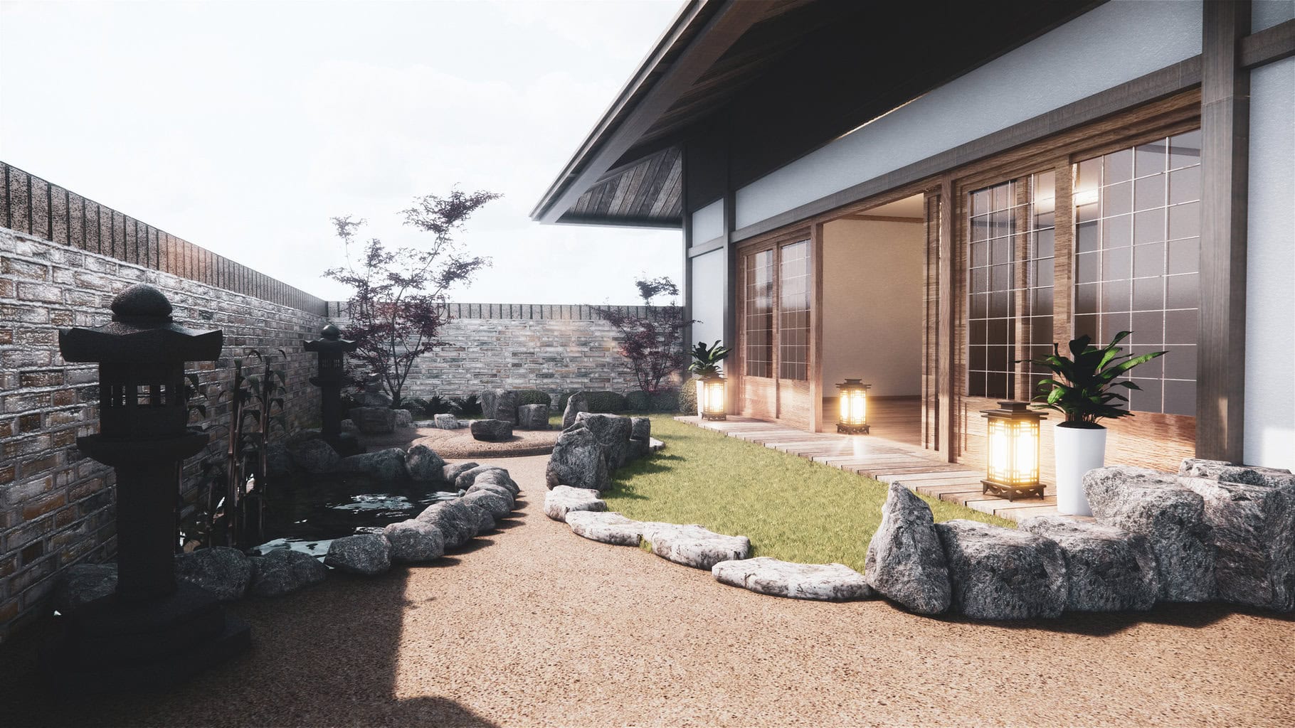Japanese garden tropical exterior design japan style.3D renderin ...
